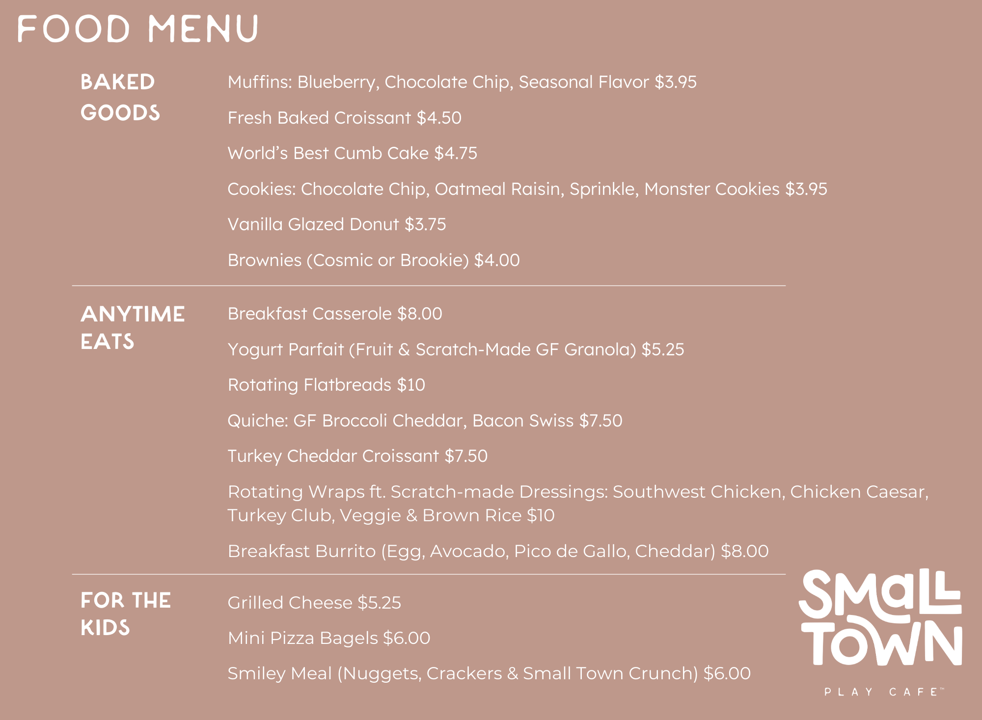 Cafe Menu - Small Town Play Cafe